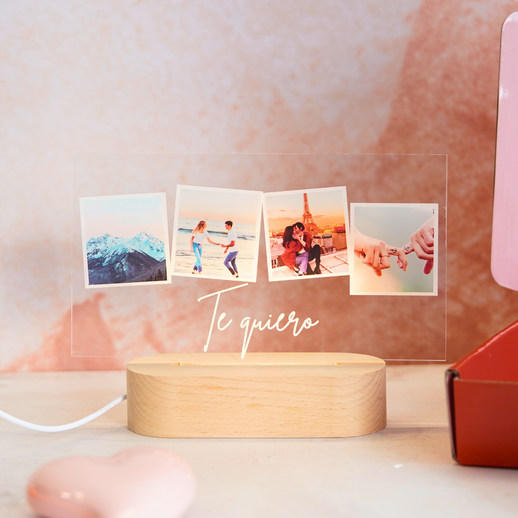 Lámpara LED personalizada con 4 fotos y texto Regalo Cristal Plaque